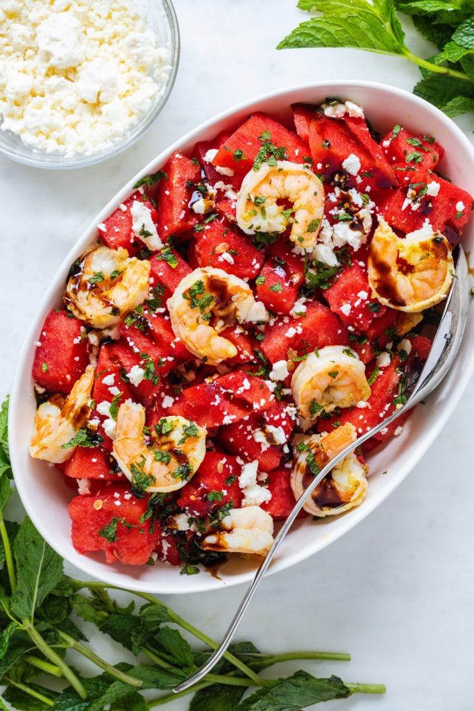 15-minute Watermelon Feta Salad with Shrimp & Balsamic